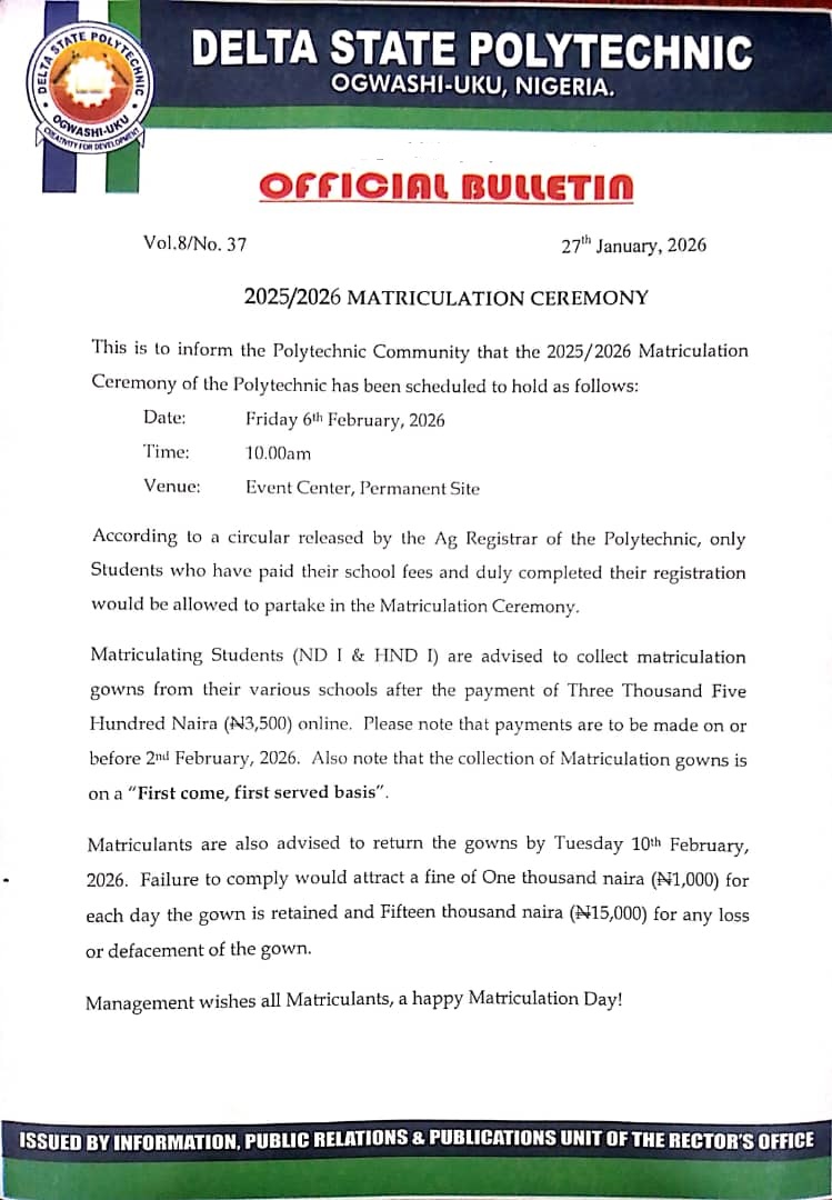 2025/2026 MATRICULATION CEREMONY – Delta State Polytechnic Ogwashi-Uku